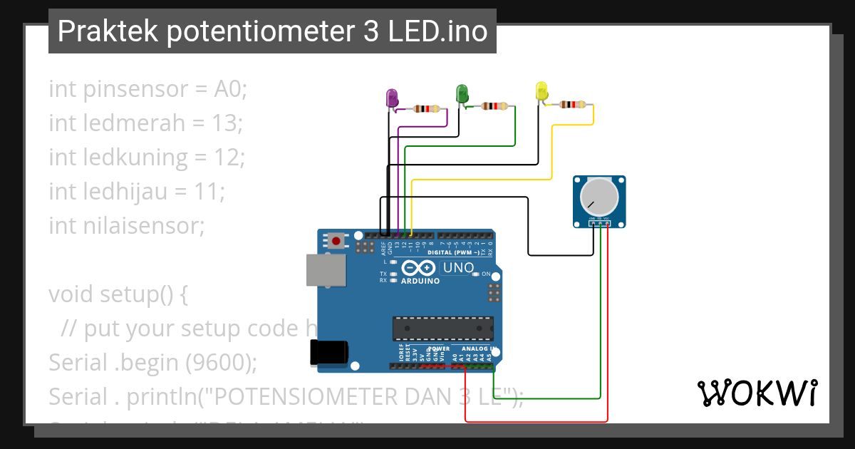 praktek potensiometer 3 LED - Wokwi ESP32, STM32, Arduino Simulator