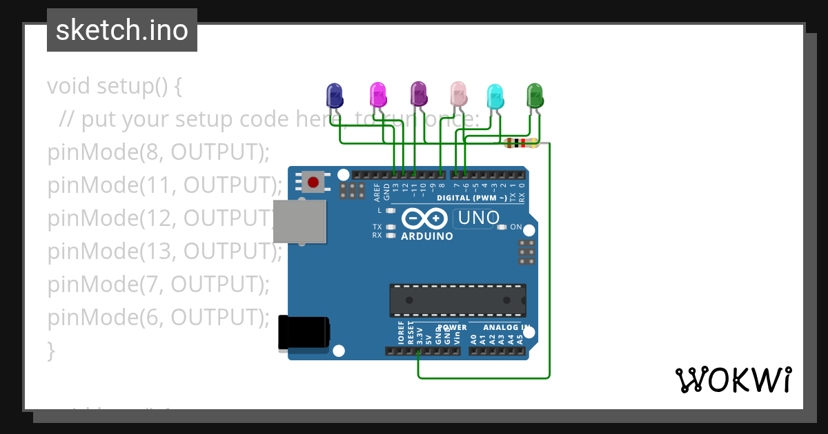 RUNNING 6 LED - Wokwi ESP32, STM32, Arduino Simulator