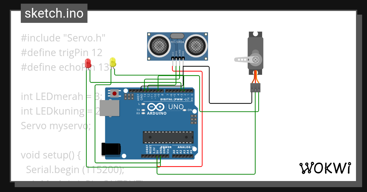 Ultrasonic dan Servo.ino - Wokwi ESP32, STM32, Arduino Simulator