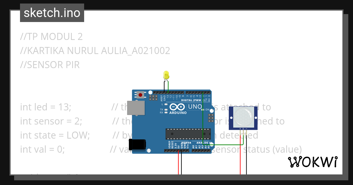 TP MODUL 2_A021002_KARTIKA NURUL AULIA_SENSOR PIR - Wokwi ESP32, STM32, Arduino Simulator