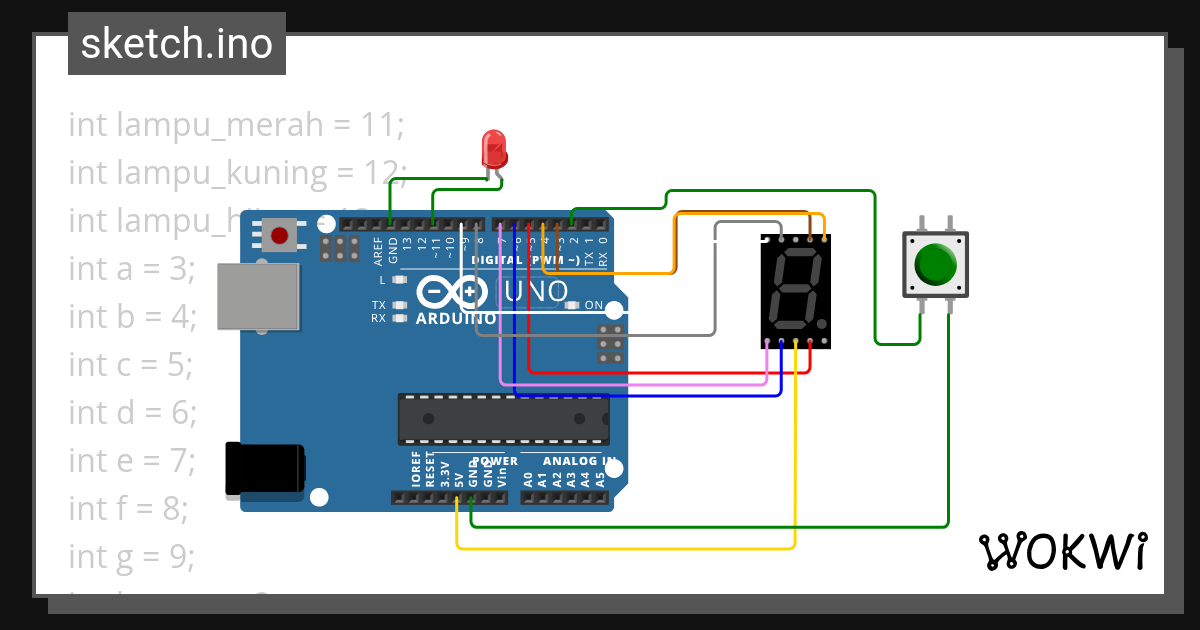 LAMPU DAN SEVEN SEGMENT BERURUTAN - Wokwi ESP32, STM32, Arduino Simulator