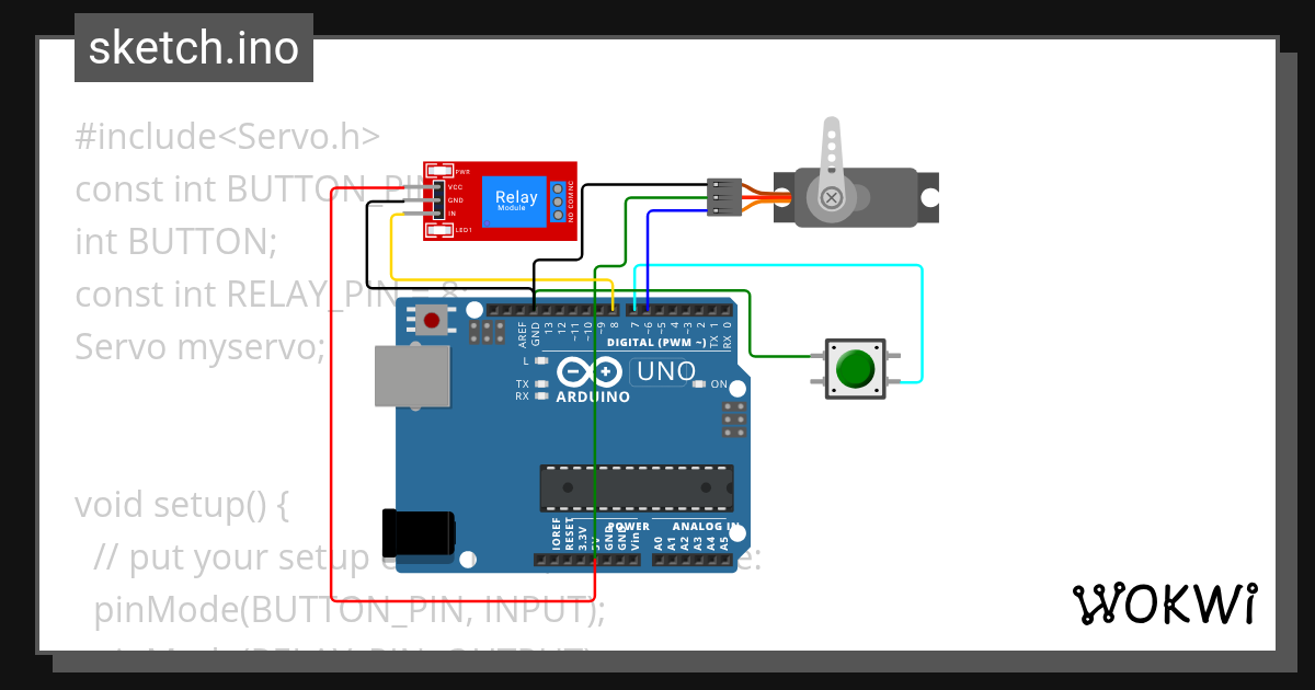 SERVO+RELAY+BUTTON Praktikum 5 (Pertemuan 7) - Wokwi ESP32, STM32, Arduino Simulator