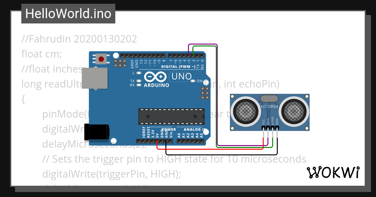 Topik 8 kuis 7 No. 5 Sensor Ultrasonic fahrudin - Wokwi ESP32, STM32, Arduino Simulator