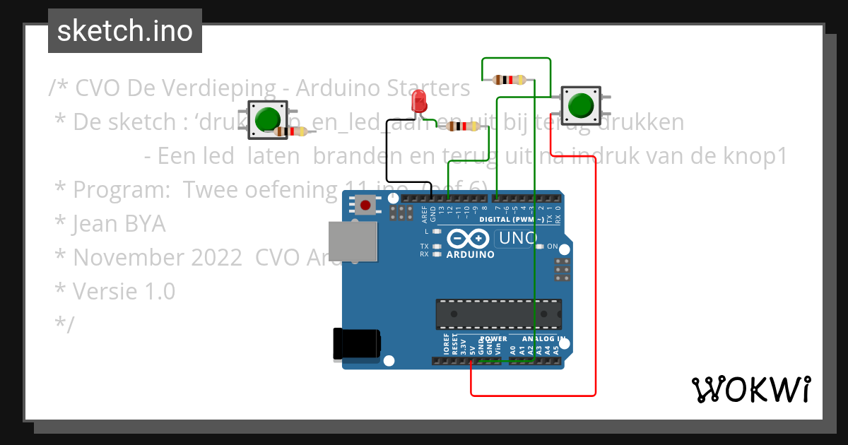 led aan-uit met 1 knop.ino - Wokwi ESP32, STM32, Arduino Simulator