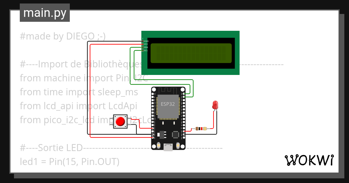 ESP32 - 1 Ecran LCD-1 LED-1 BUTTON on_off - Wokwi ESP32, STM32, Arduino Simulator