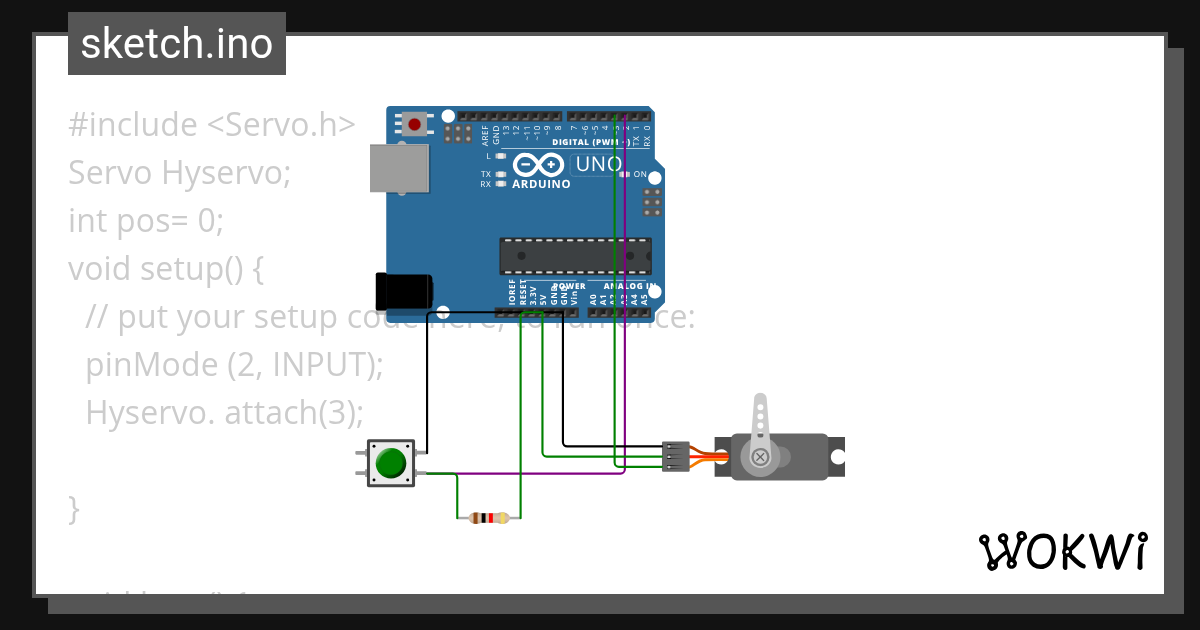 projek Servo pushbutton.ino - Wokwi ESP32, STM32, Arduino Simulator