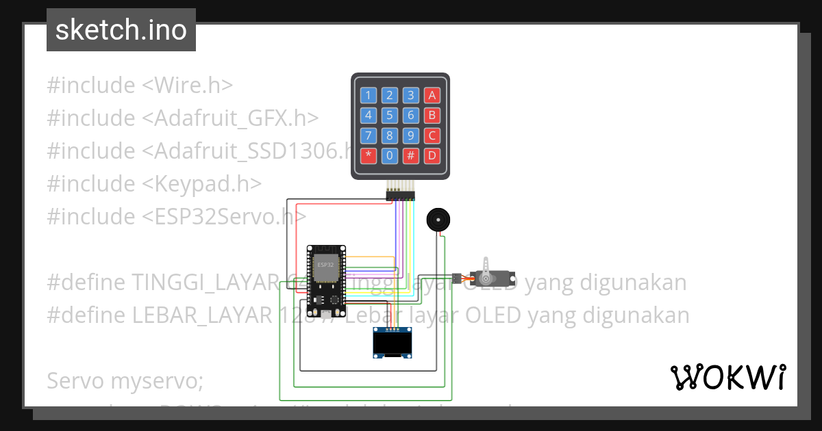 Membangun Sistem Security dengan Keypad, Buzzer, Servo dan OLED.ino - Wokwi ESP32, STM32 ...