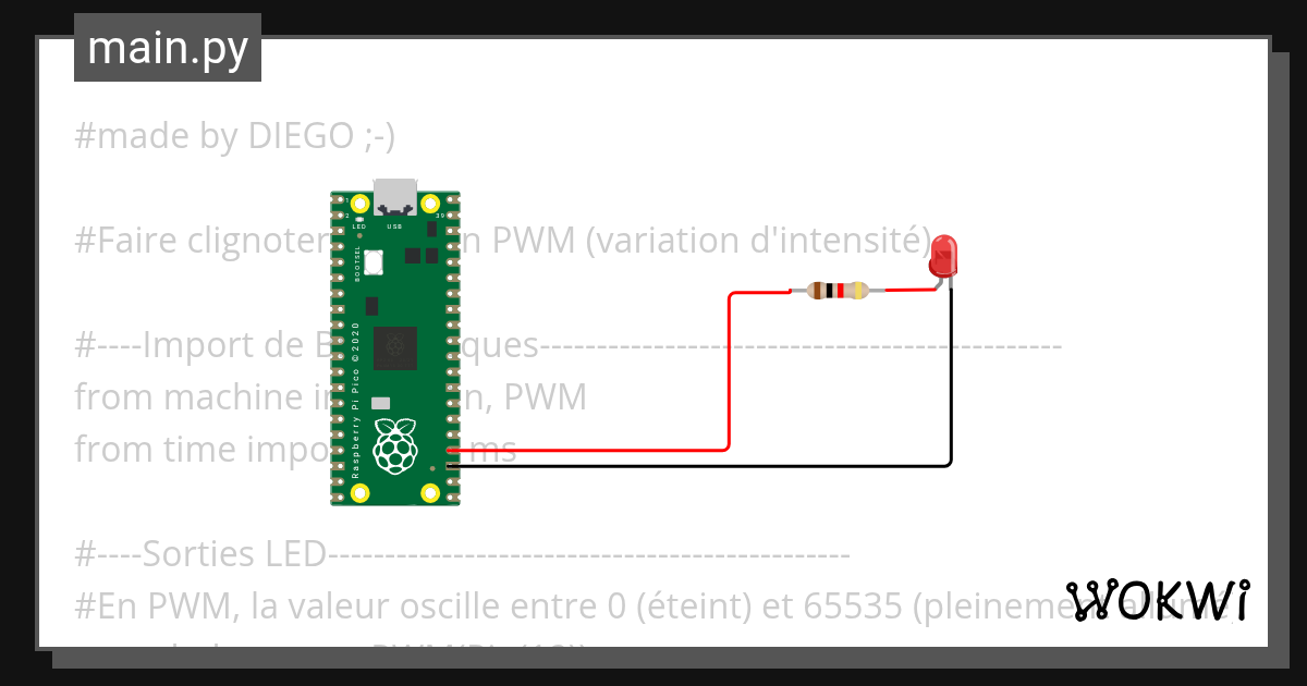 Raspberry Pi Pico - LED PWM Clignotement - Wokwi ESP32, STM32, Arduino Simulator