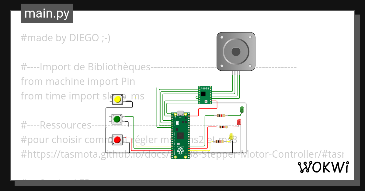 Raspberry Pi Pico - 1 Stepper motor-1 A4988-3 LED_3 BUTTONS-ENABLE - Wokwi ESP32, STM32, Arduino ...