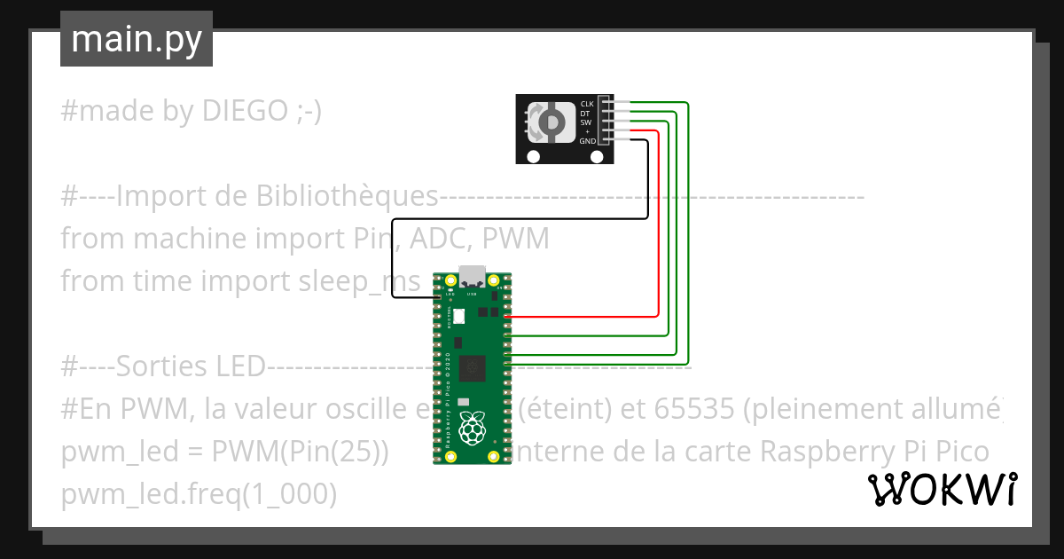 Raspberry Pi Pico - 1 Rotary Encoder-LED interne PWM - Wokwi ESP32, STM32, Arduino Simulator