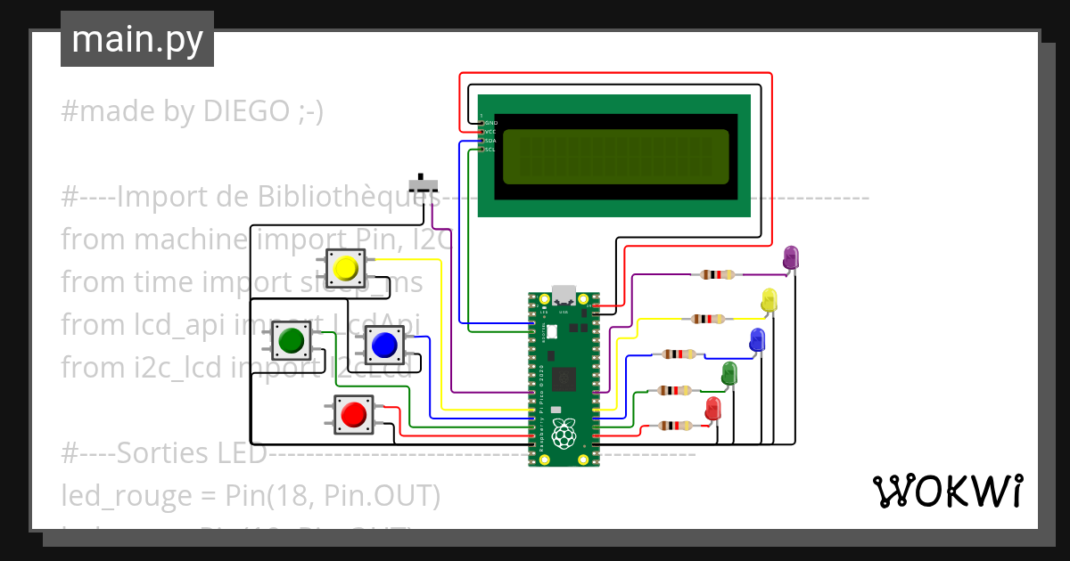 Raspberry Pi Pico - 1 Ecran LCD-4 LED-4 BUTTONS-Jeu video_v1 - Wokwi ESP32, STM32, Arduino Simulator