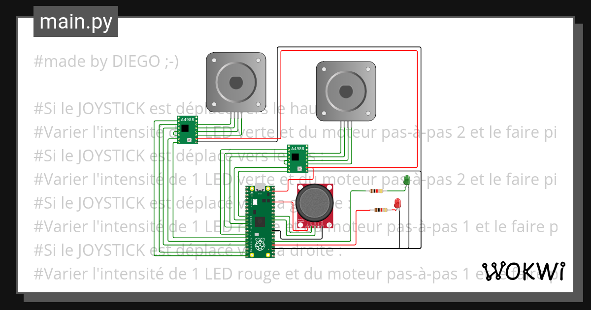 Raspberry Pi Pico- 2 Stepper motor-1 JOYSTICK-2 A4988-2 LED - Wokwi ESP32, STM32, Arduino Simulator