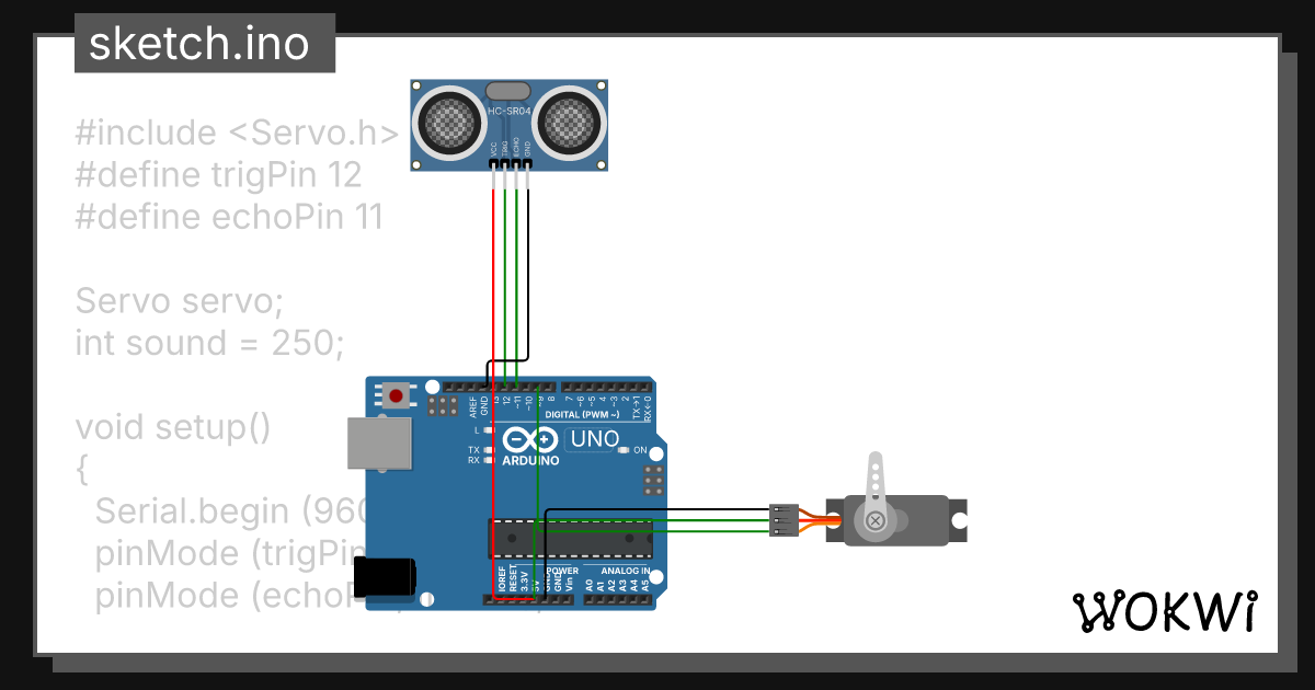 servo motor and ultrasonic sensor - Wokwi ESP32, STM32, Arduino Simulator