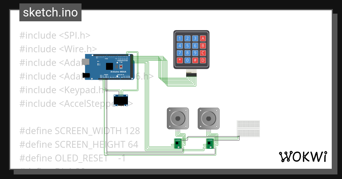 MEGA + Display OLED + Keypad + Motor de passo - Wokwi ESP32, STM32, Arduino Simulator