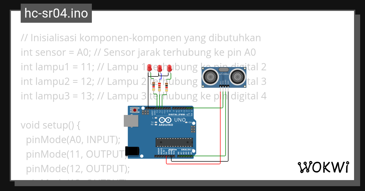 Sensor Ultrasonic dengan LED - Wokwi ESP32, STM32, Arduino Simulator
