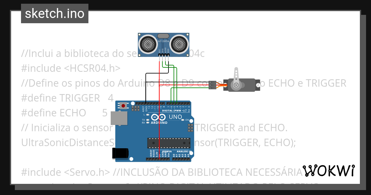 sketch.ino SG90 e HC-SR04 - Wokwi ESP32, STM32, Arduino Simulator