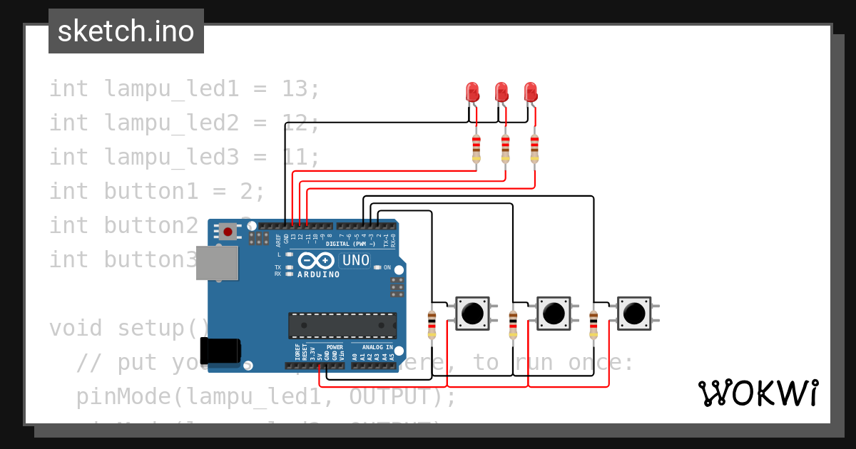 Menyalakan 3 Lampu Led Dengan 3 Push Button Wokwi Esp32 Stm32 Arduino Simulator