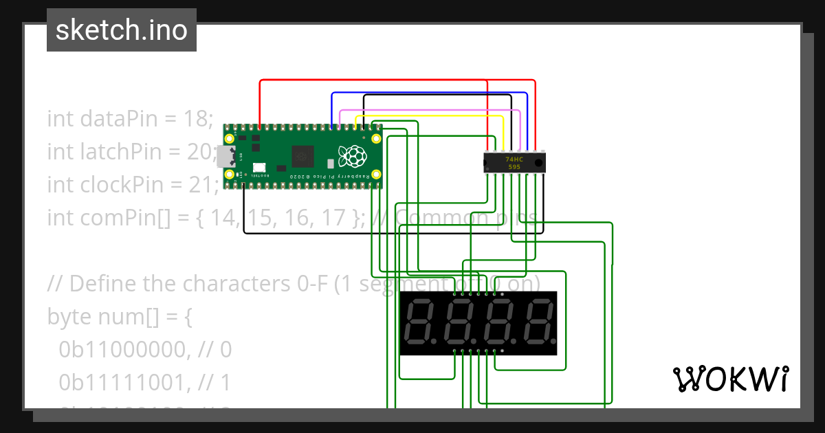 7-segment with 74x595 serial to parallel ic - Wokwi ESP32, STM32, Arduino Simulator