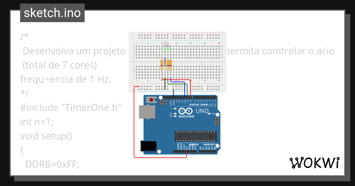 Exemplo 2 LED RGB (Timer1 ) Catodo comum - Wokwi ESP32, STM32, Arduino Simulator