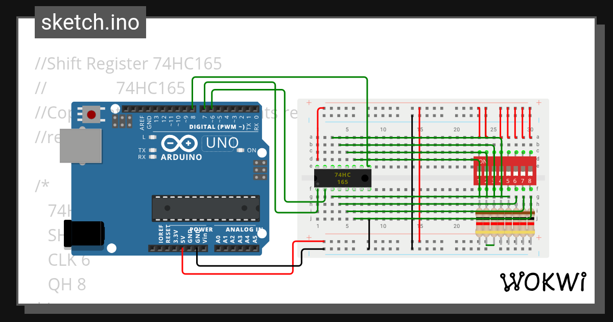 Shift register 74HC165 - Wokwi ESP32, STM32, Arduino Simulator