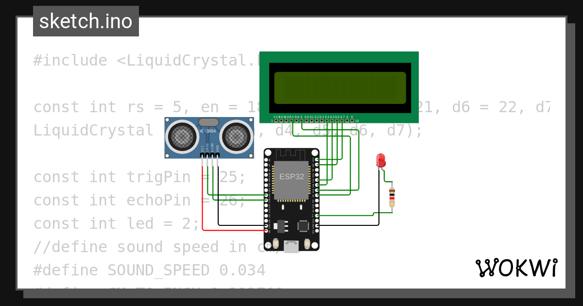 Ultrasonic Sensor With Lcd And Led Wokwi Esp32 Stm32 Arduino Simulator 1385
