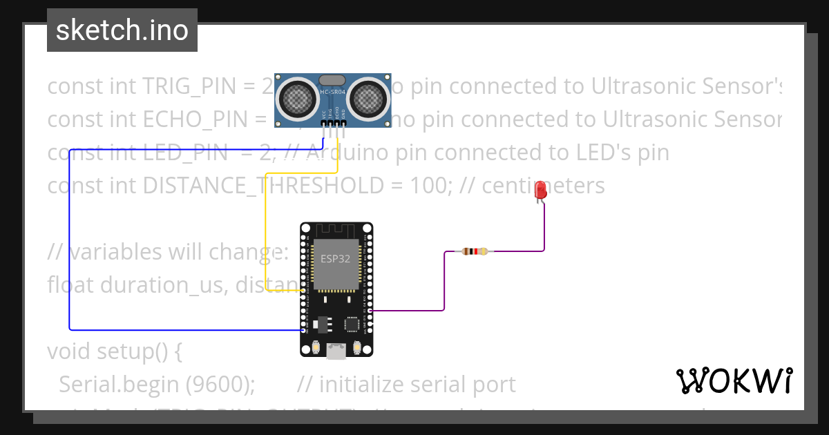 Ultrasonic and 1 LED - Wokwi ESP32, STM32, Arduino Simulator