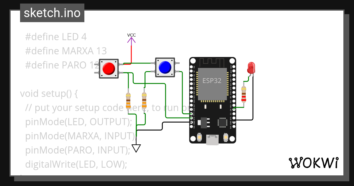 Simulació de circuit paro-marxa d’un motor - Wokwi ESP32, STM32, Arduino Simulator