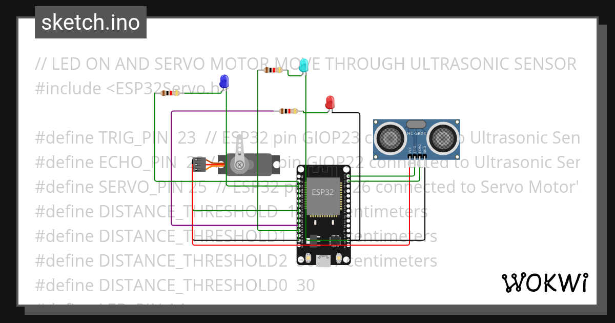 Led On And Servo Motor Move Through Ultrasonic Sensor Detection Wokwi Esp32 Stm32 Arduino 