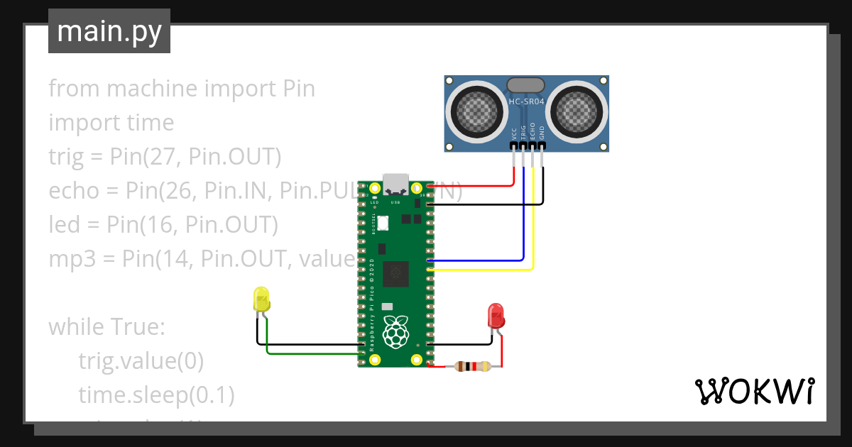Pico HC-SR04 ultrasonic sensor mp3 Trigger - Wokwi ESP32, STM32 ...
