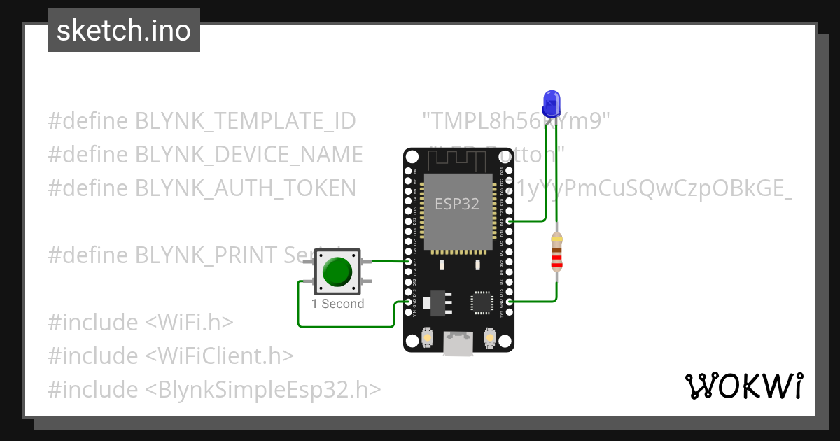 LED and button with blynk - Wokwi ESP32, STM32, Arduino Simulator