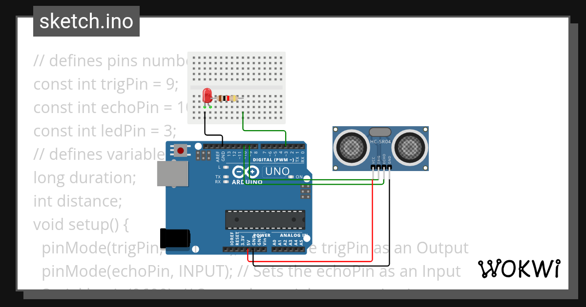 Uno with HC-sr04 controls LED copy - Wokwi ESP32, STM32, Arduino Simulator