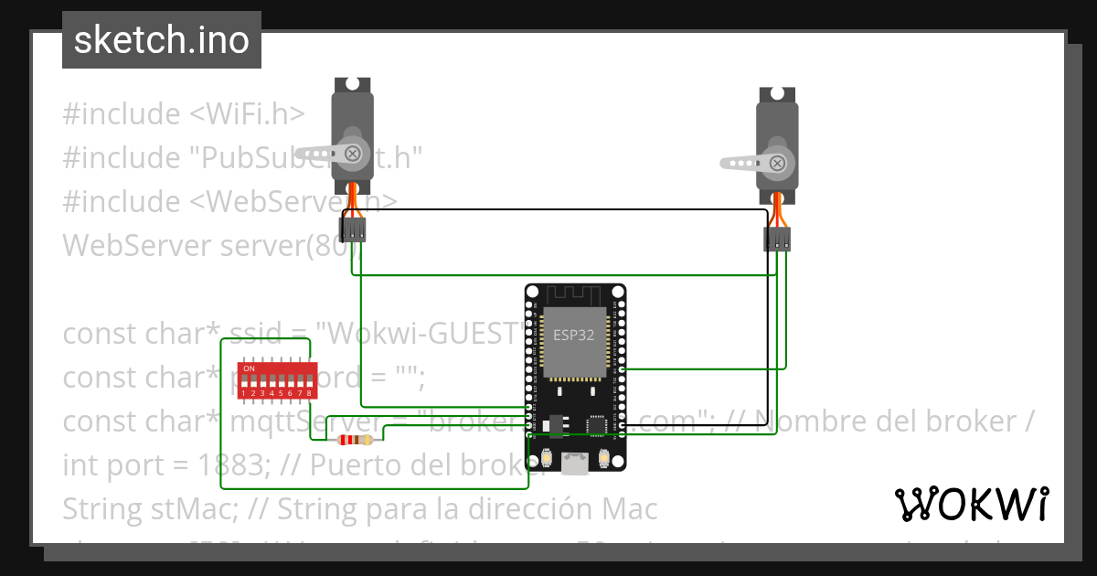 ESP32 2 servos con pacagado a distancia - Wokwi ESP32, STM32, Arduino Simulator