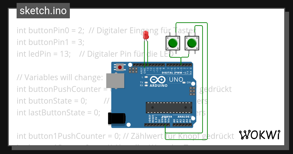 2 Taster einschalten und ausschalten - Wokwi ESP32, STM32, Arduino Simulator