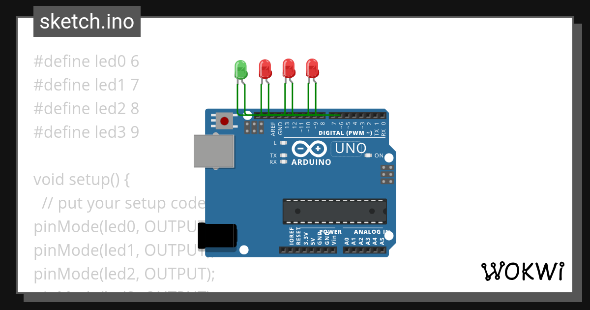 3 LED with green light - Wokwi ESP32, STM32, Arduino Simulator