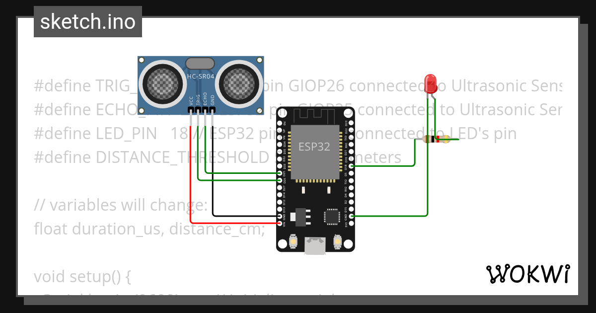esp 32 ultrasonic with led - Wokwi ESP32, STM32, Arduino Simulator