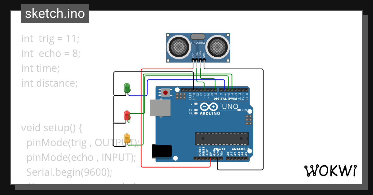 ultra sonic through led - Wokwi ESP32, STM32, Arduino Simulator