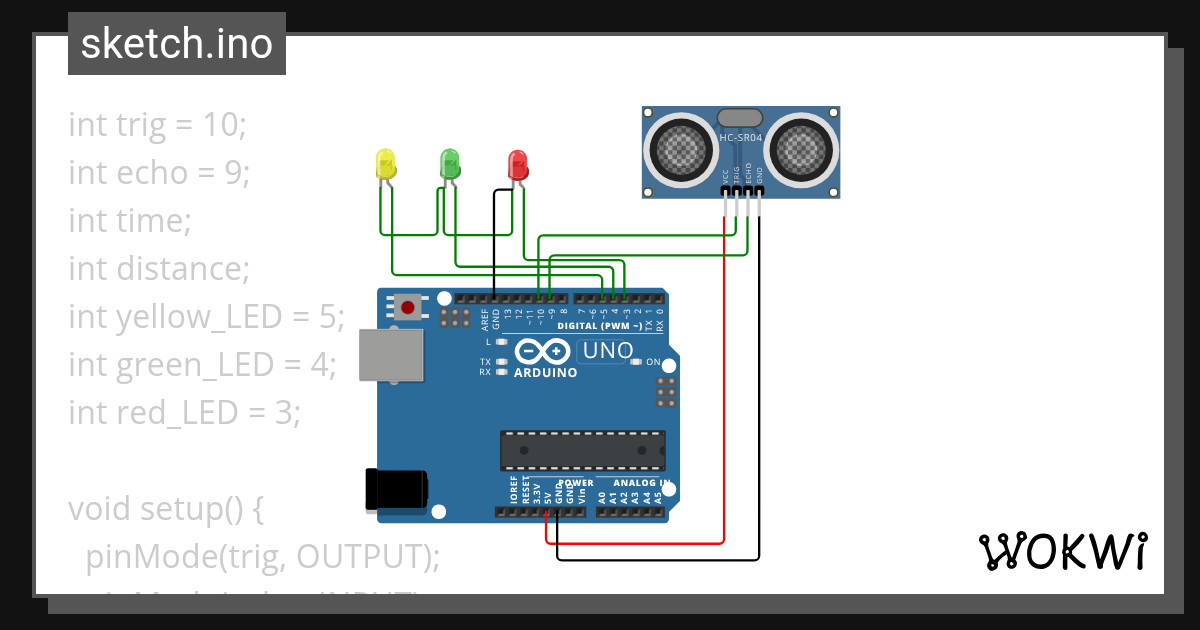 Ultrasonic sensor to operate three LEDs according to distance - Wokwi ESP32, STM32, Arduino ...
