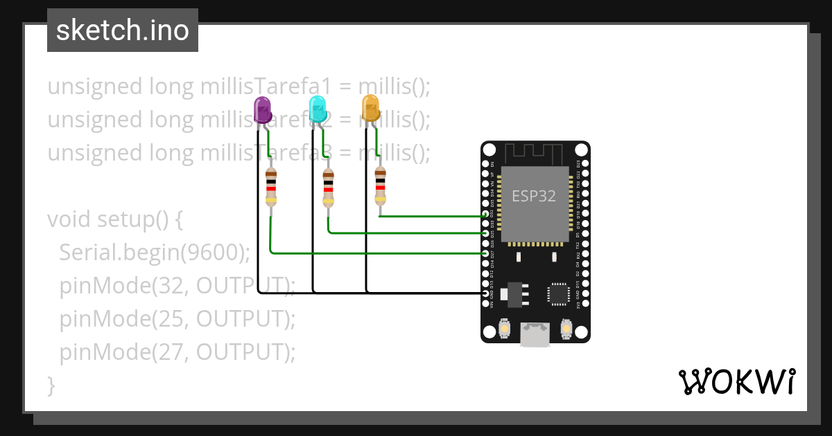 3 leds piscando - Wokwi ESP32, STM32, Arduino Simulator