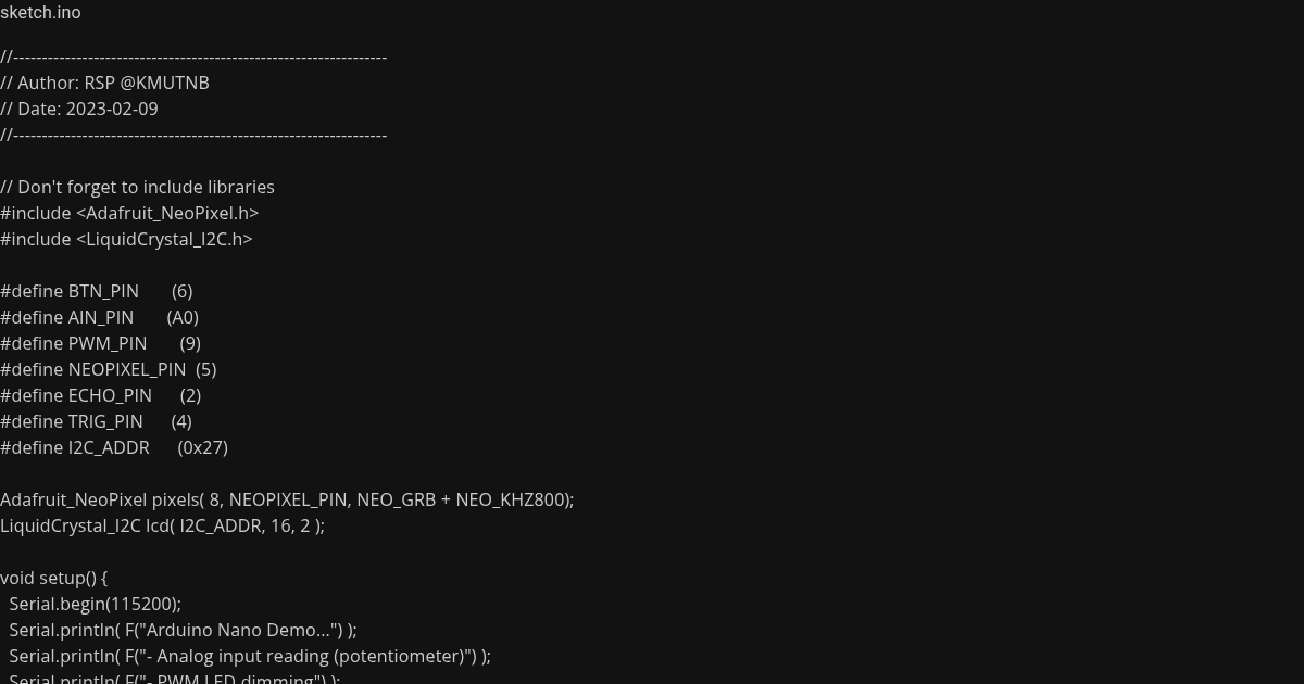 nano_adc_pwm_neopixel_ultrasonic_lcd_i2c - Wokwi ESP32, STM32, Arduino Simulator