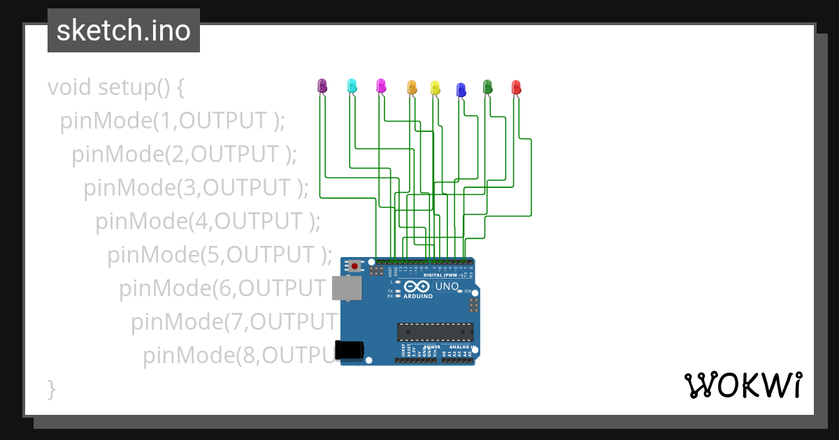 8 running lights - Wokwi ESP32, STM32, Arduino Simulator