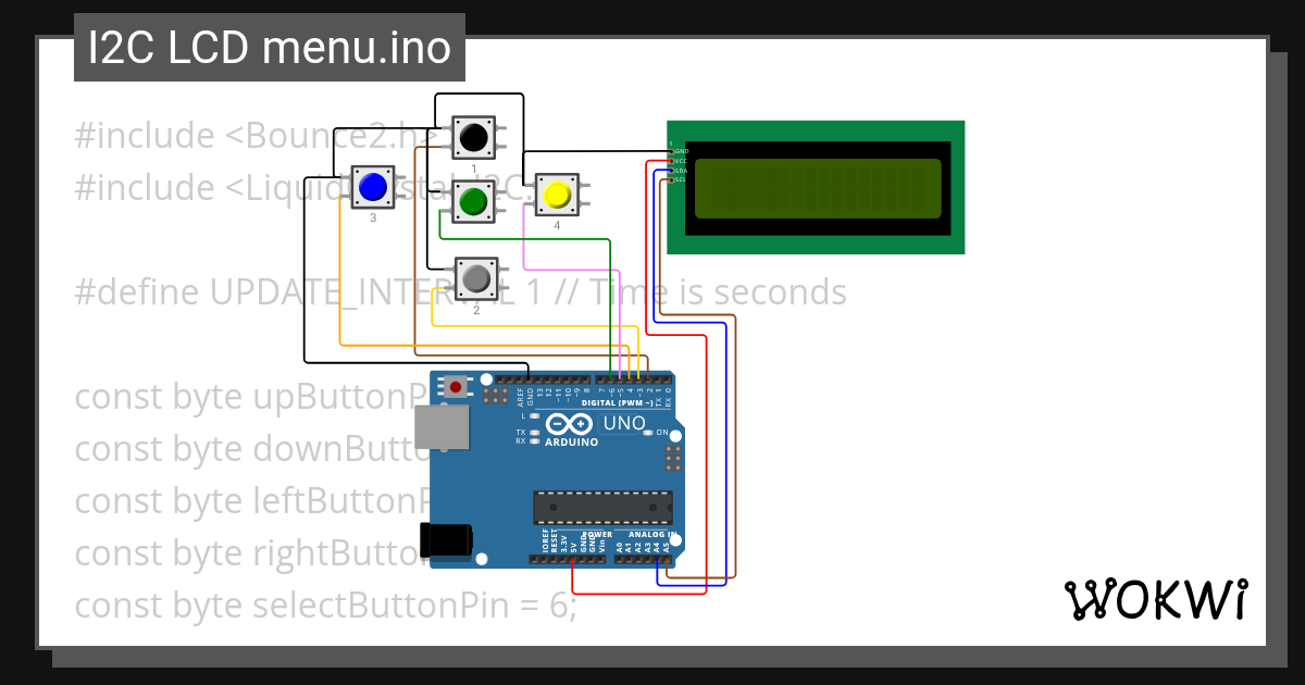 5 buttons + LCD i2C - Wokwi ESP32, STM32, Arduino Simulator