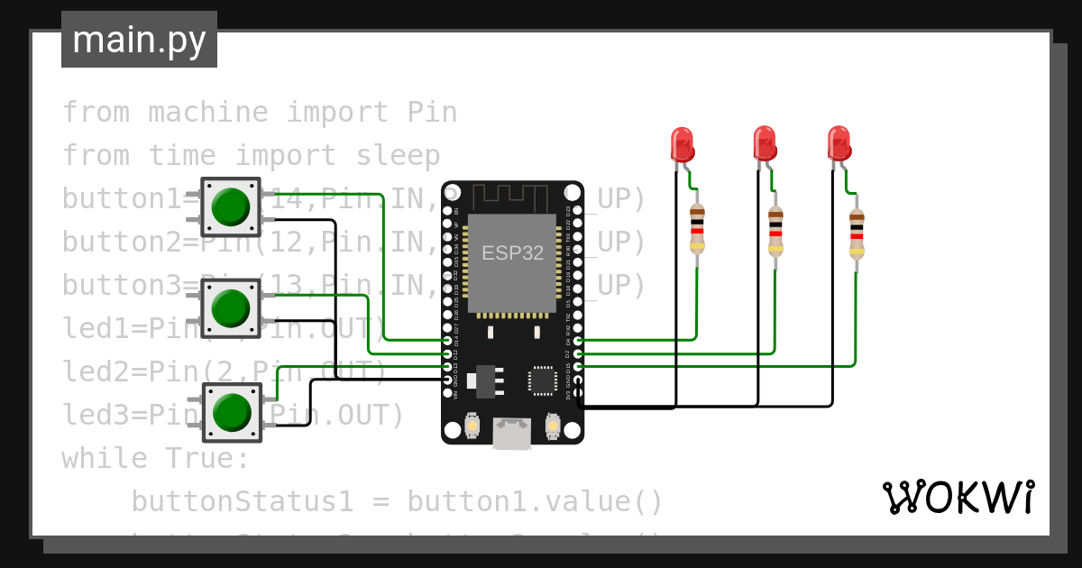 Nhấn Bật 3 đèn Wokwi Esp32 Stm32 Arduino Simulator 5565