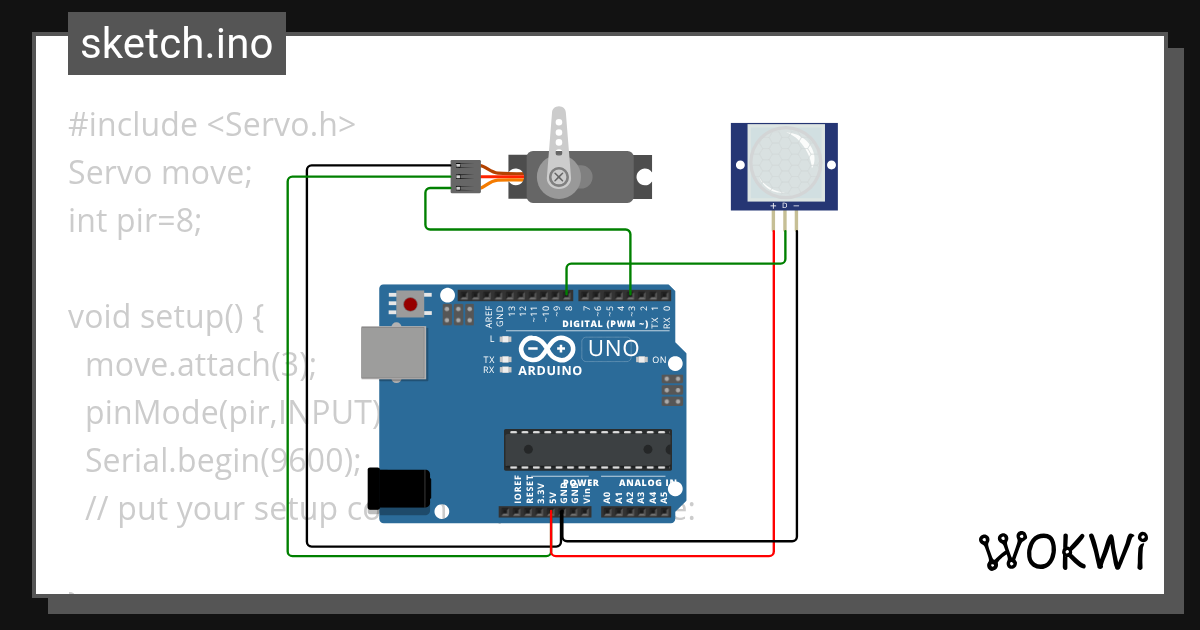 servo motor with pir - Wokwi ESP32, STM32, Arduino Simulator