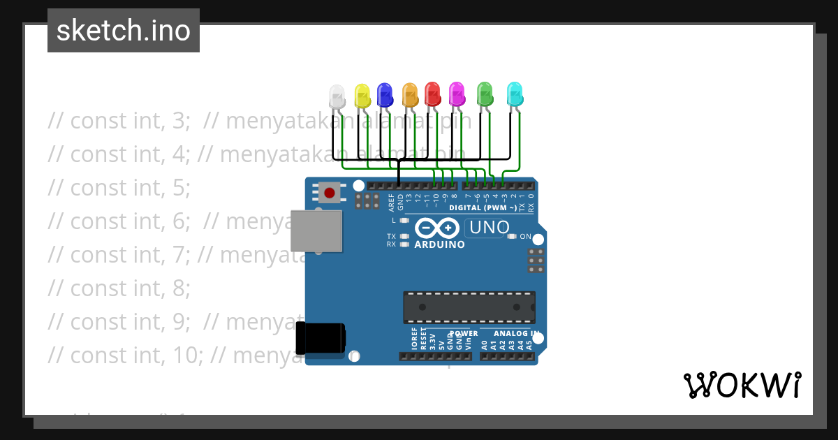 project 8 LED Berjalan bergantian - Wokwi ESP32, STM32, Arduino Simulator