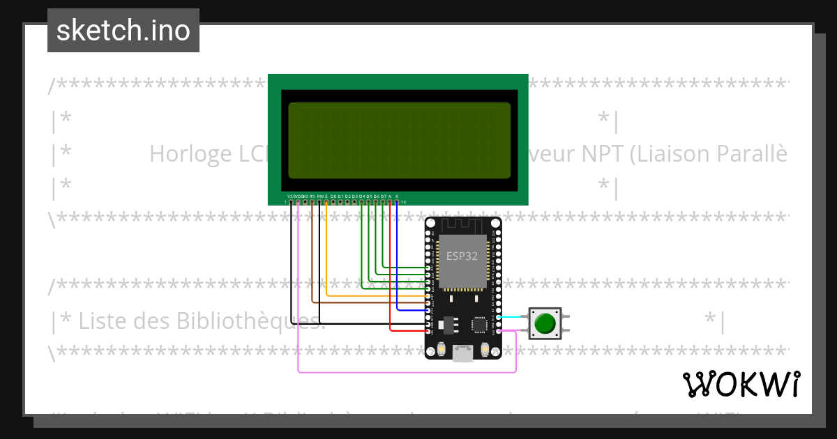 08 - Horloge NPT sur Afficheur LCD 4x20 (Parallèle) - Wokwi ESP32, STM32, Arduino Simulator
