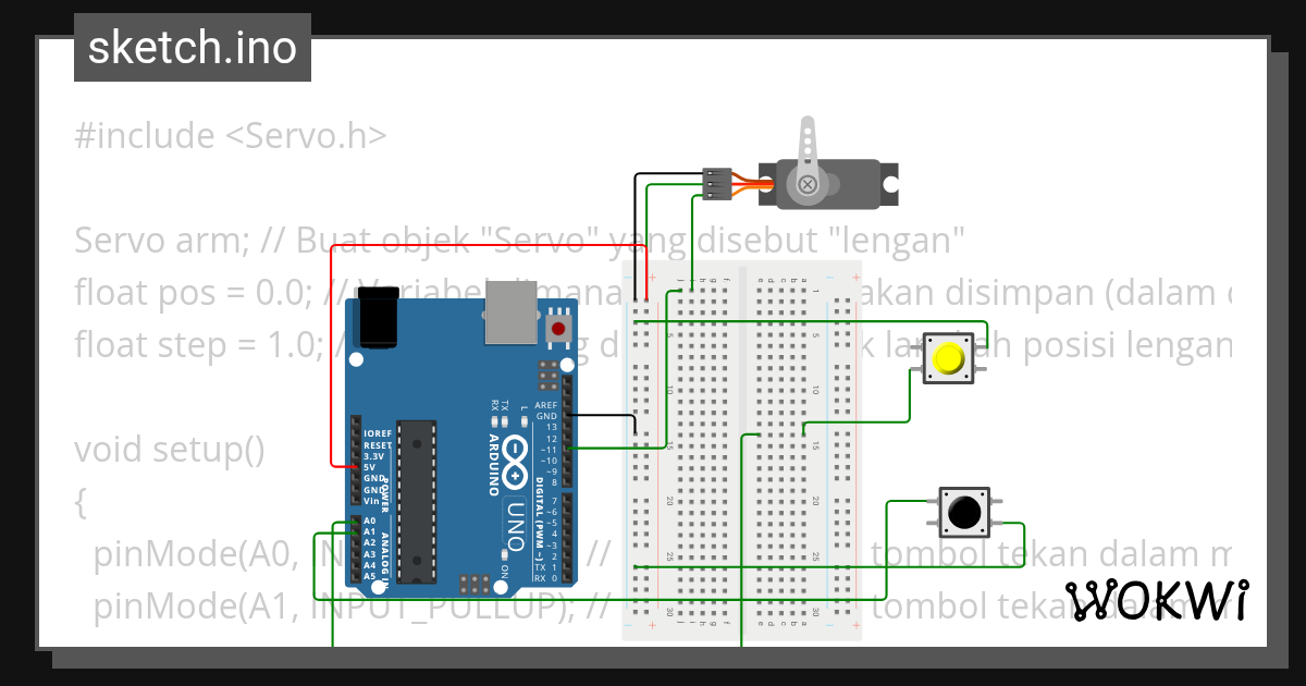 push button dengan servo - Wokwi ESP32, STM32, Arduino Simulator
