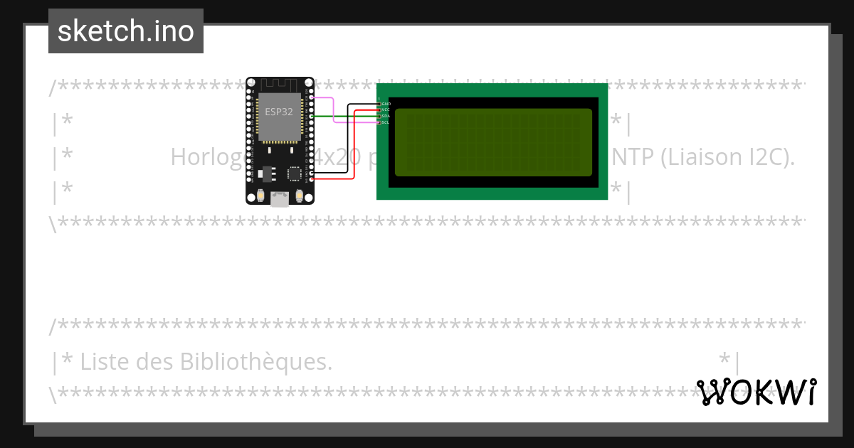 07 - Horloge NPT sur Afficheur LCD 4x20 (I2C) - Wokwi ESP32, STM32, Arduino Simulator