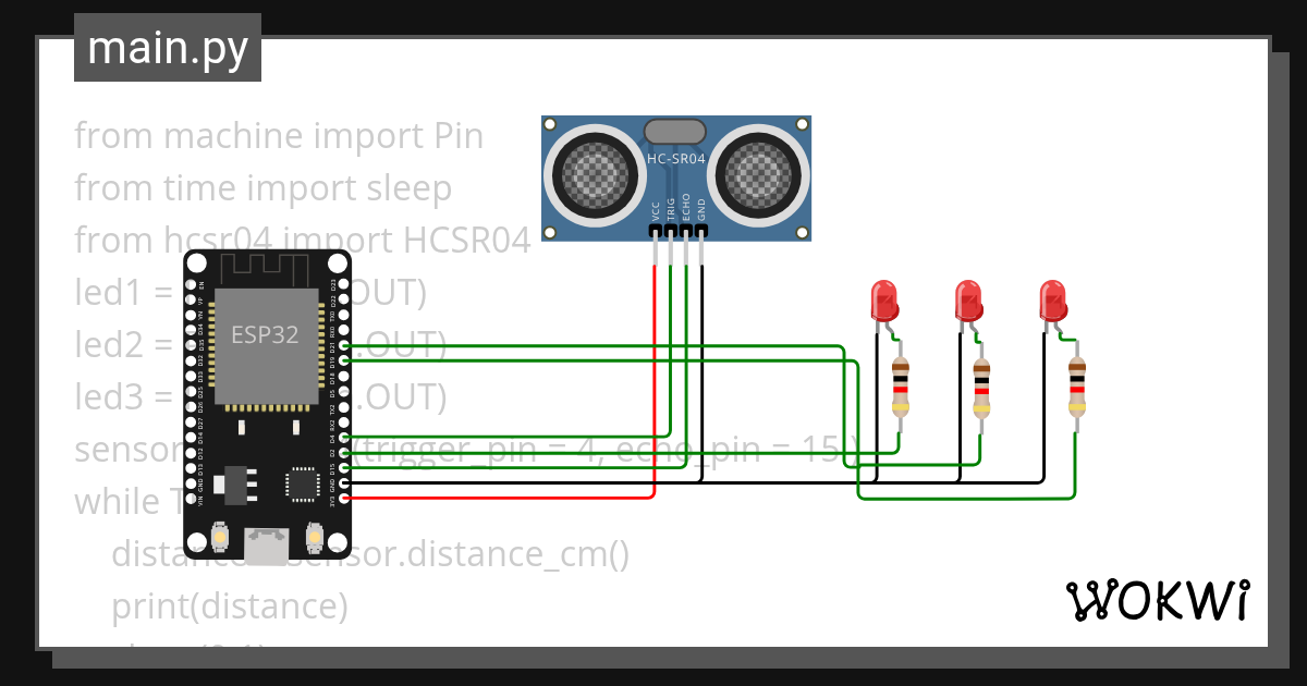 sóng âm với 3 đèn - Wokwi ESP32, STM32, Arduino Simulator