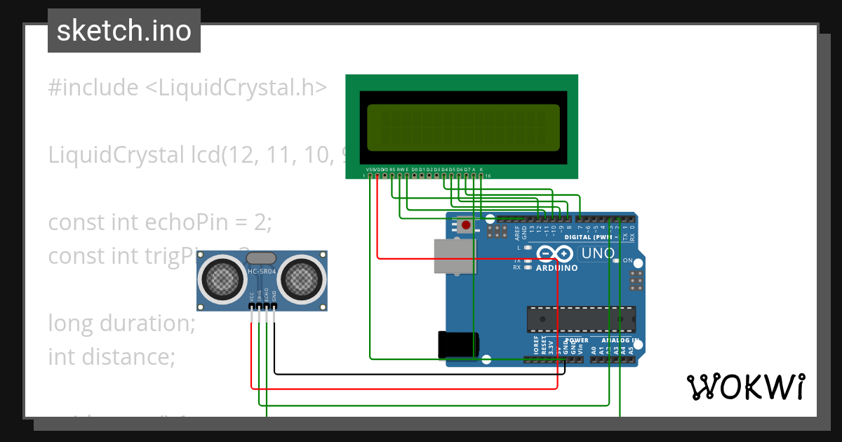 Ultrasonic + LCD - Wokwi ESP32, STM32, Arduino Simulator