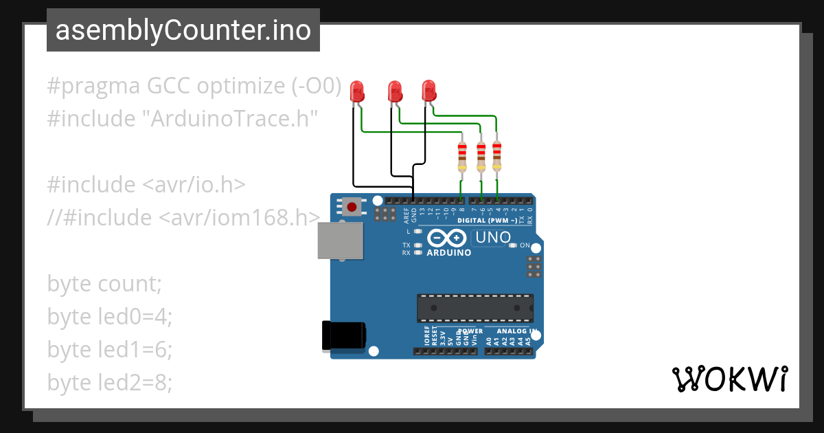 3 bit counter with Assembly Copy - Wokwi ESP32, STM32, Arduino Simulator